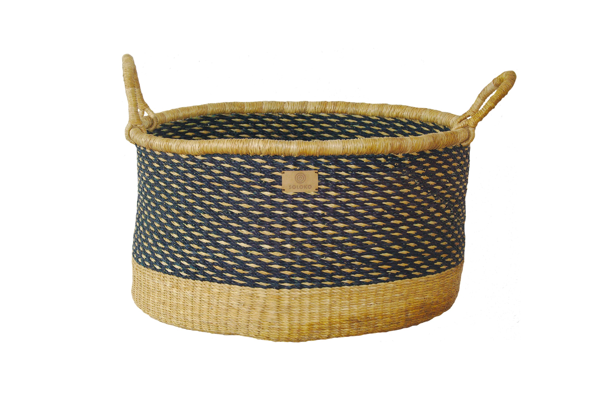 Enyo Large Round Woven Basket (dark blue, natural, natural base) – SOLOKO